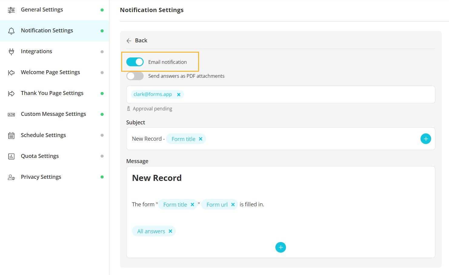 Enable form notifications | Help Center - forms.app